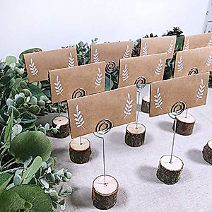 30 Pcs Rustic Wood Place Card Holders with Swirl Wire Wooden Bark Memo Holder Stand Card Photo Picture Note Clip Holders 5.8" and Kraft Place Cards Bulk for Wedding Party Table Number Name Sign