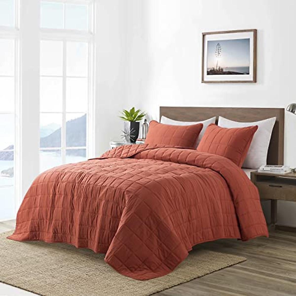 Burnt Orange Quilt California Cal King Size Bedding Sets with Pillow Shams, Oversized Red Lightweight Soft Bedspread Coverlet, Quilted Blanket Thin Comforter Bed Cover, 3 Pieces, 118x106 inches