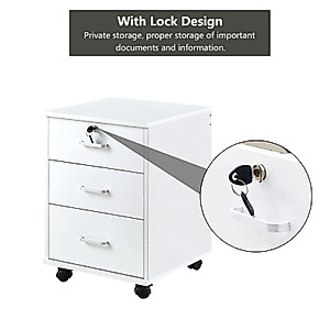 CLIPOP Mobile Office Cabinet with 3 Drawers(1 Lockable), Under Desk Rolling Vertical File Cabinet with 4 Wheels for Letter/Legal /A4 Size Documents, Wooden Storage Cabinet for Home Office (White)