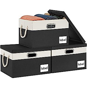 ASXSONN Large Storage Bins with Lids, Fabric Storage Bins with Label & 3 Handles, Foldable Storage Boxes with Lids, Storage Baskets with Lids for Organizing Home Office (15"x11"x9.6", Black&White, 3 Pack)