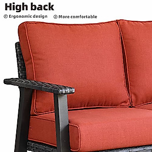 ovios Patio Furniture Set 6 PCS All Weather Outdoor Wicker Rattan Sofa Set with Fire Pit Table Ottomans High Back Sofa Thick Cushion Garden Backyard Porch (Orange Red)