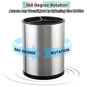 LIBODOUR Kitchen Utensil Holder Extra Large 360° Rotating For Counter Organizer Stainless Steel Storage Cooking Silverware Caddy Flatware 3 Compartment Flatware Spoon Spatula Lazy Susan （Silvery）