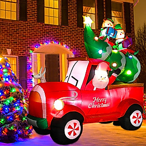 8 FT Christmas Inflatables Yard Decorations, Blow Up Santa on Red Truck with Christmas Tree and Elfs, Light Up Holiday Inflatables for Indoor Outdoor, Xmas Party, Lawn, New Year