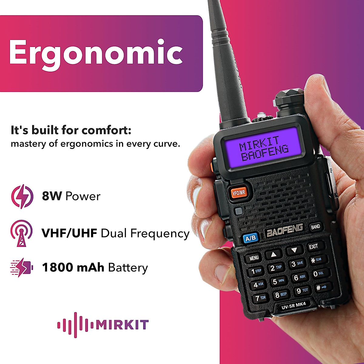 Mirkit Baofeng UV-5R MK4 8W Max Power 2024 Two Way Radio VHF/UHF 144-148/420-450 mhz Ham Radio with 1800 mAh Baofeng Battery, Mirkit Software & Lanyard for Walkie Talkie