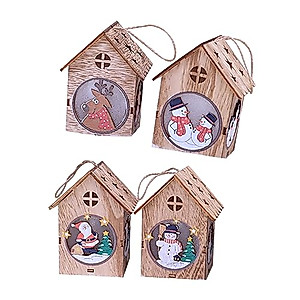 BESTOYARD 4pcs Glowing Wooden House Wooden Hanging Ornament Snow Globe Lantern Christmas lit House Snowman Night Light Desktop Wooden Village Home Decor Night Lamp Child Snowball Mini