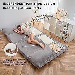 MAXYOYO Bean Bag Bed Folding Sofa Bed Floor Mattress for Adults, Extra Thick and Long Floor Sofa with Faux Fur Washable Cover, Single Floor Couch Bed for Bedroom Living Room, Grey, 30x95 Inch