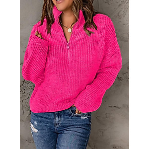 Dokotoo Sweaters for Women Waffle Knit Long Sleeve Quarter Zip Pullover for Women Business Casual Fall Fashion Tops Winter Trendy Aestheic Teathcer Clothes V Neck Oversized Hot Pink Sweater Medium