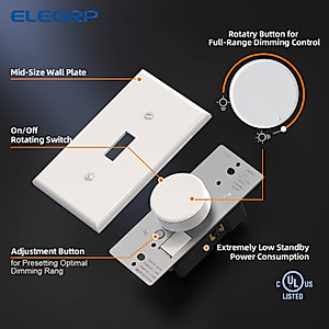 ELEGRP Digital Rotating Dimmer Switch for Dimmable LED, CFL and Incandescent Light Lamp Bulbs, Single Pole / 3-Way Rotary Dimmer Switch, Wall Plate Included, UL Listed (1 Pack, Matte White)
