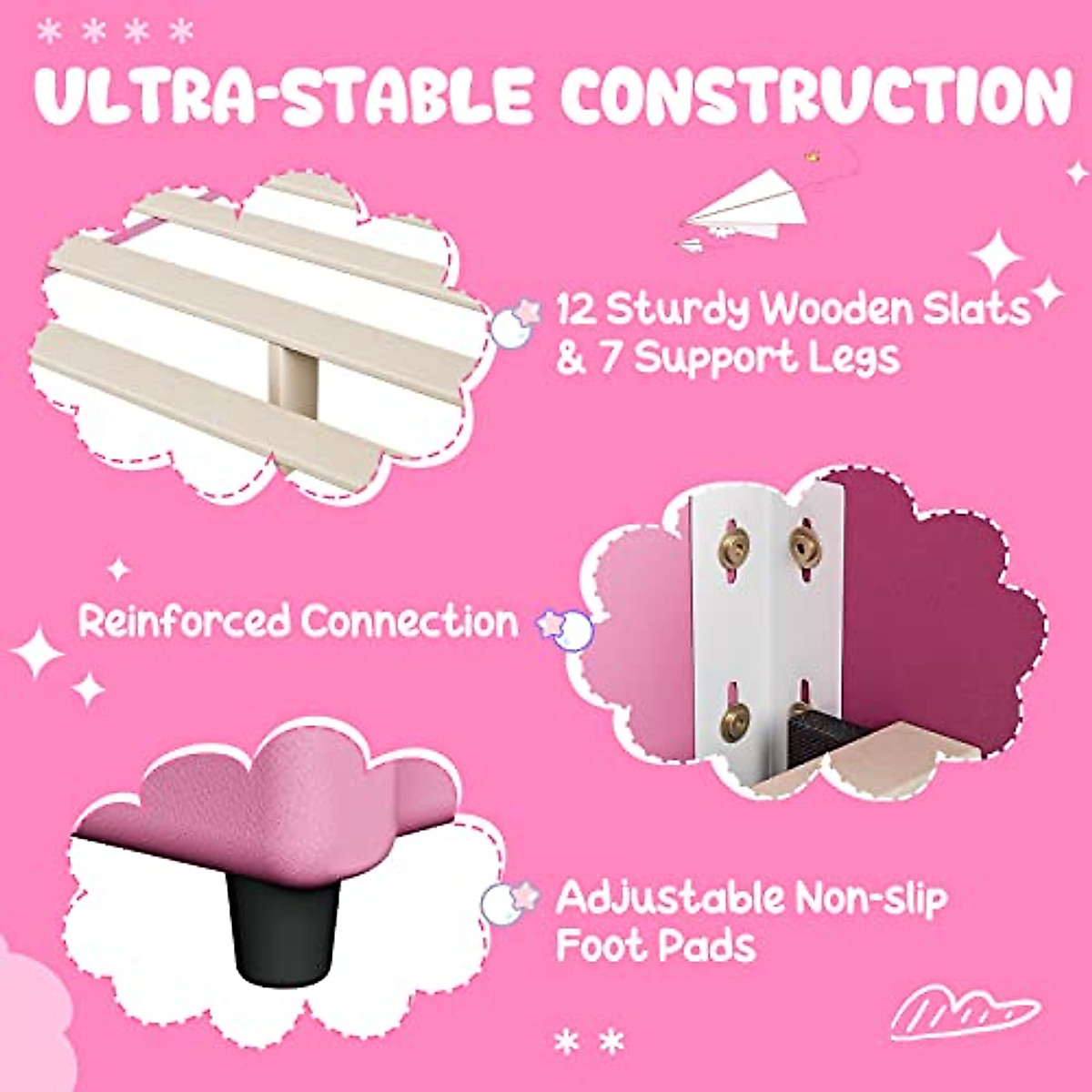 HONEY JOY Kids Twin Bed Frame with Headboard, Toddler Upholstered Platform Bed with Slatted Bed Base, No Box Spring Needed, Princess Wooden Single Bed for Baby Girls, Twin Size in Pink