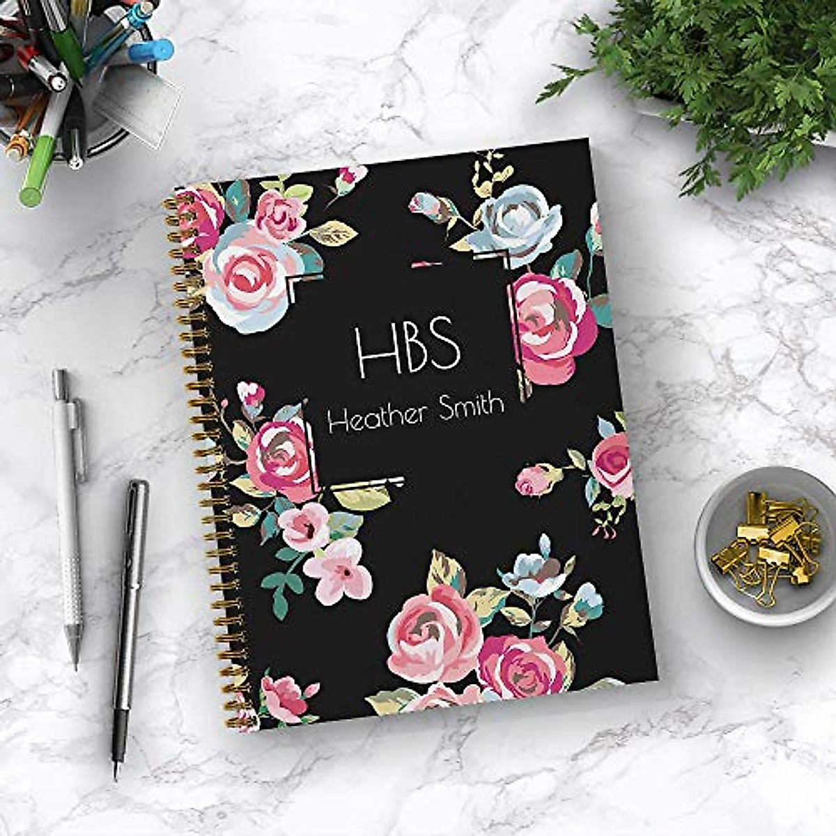 Bold Blooms Personalized Notebook/Journal, Laminated Soft Cover, 120 pages of your selected paper, lay flat wire-o spiral. Size: 8.5” x 11”. Made in the USA