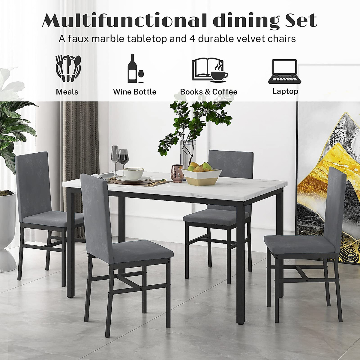 YOFE Dining Table Set for 4, Kitchen Table with 4 Chairs,Faux Marble Tabletop & 4 Durable Gray Velvet Chairs for Dining Room,Kitchen, Dinette, Breakfast Nook (Gray+White)