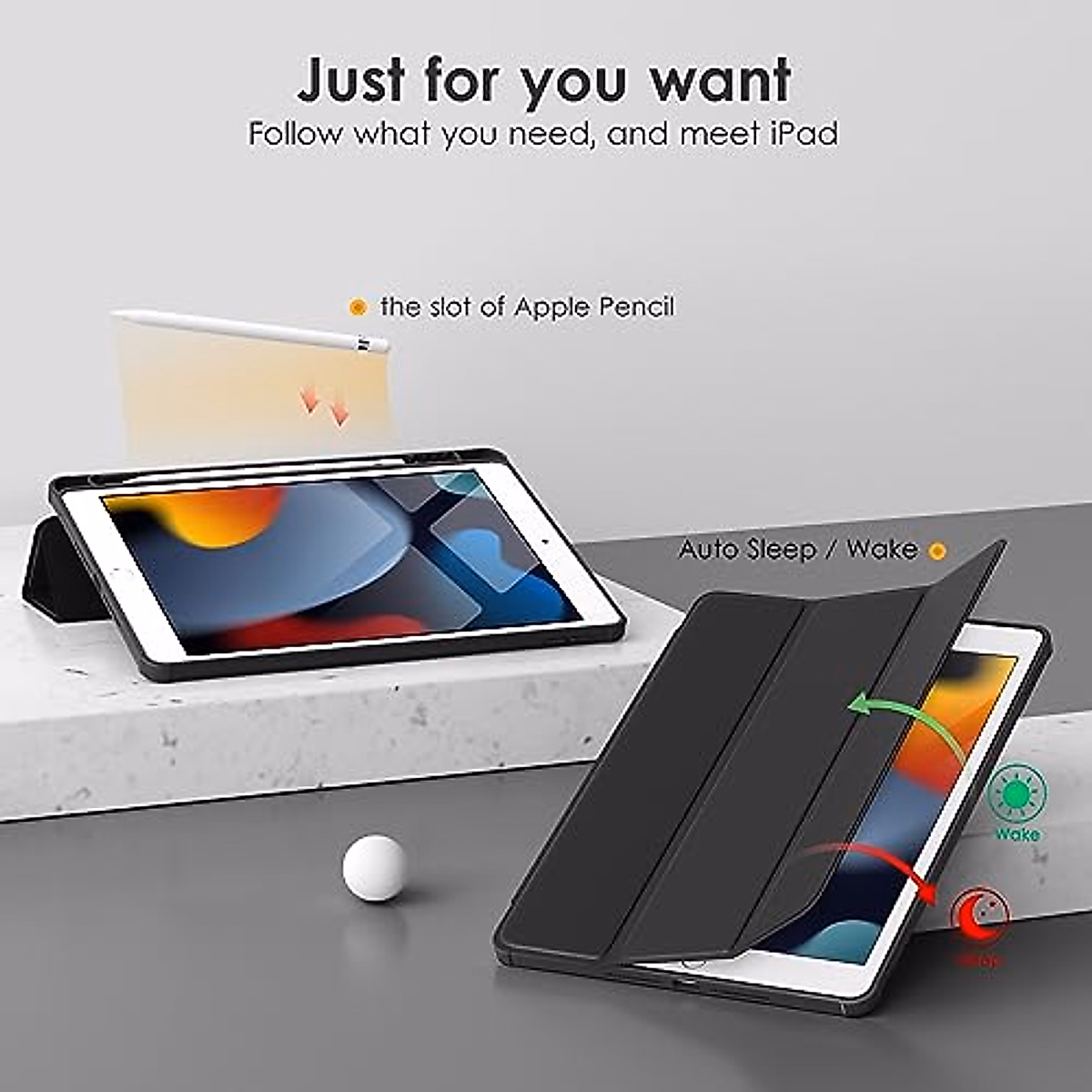 DTTOCASE Case for iPad 9th / 8th / 7th Generation 10.2 inch Released in 2021/2020/2019, Matte Slim Hard Back, Soft TPU Frame, Pencil Holder and Auto Sleep/Wake Cover for iPad 9/8/7 Gen - Black