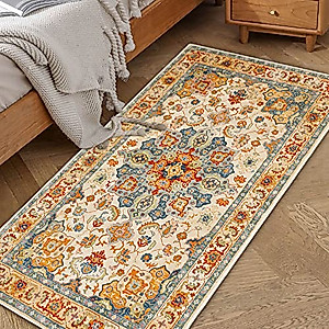 Boho Area Rug, 2' x 4' Machine Washable Rugs for Entryway Faux Wool Small Rugs Distressed Throw Rug Non-Slip Floor Carpet for Indoor Bedroom Kitchen Living Room