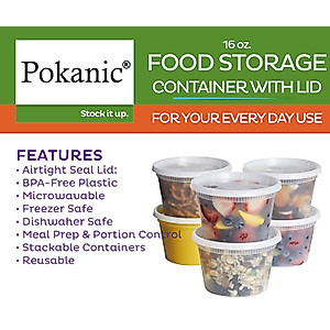 Pokanic Food Storage Containers [30 Set] 16 oz Plastic Deli Containers with Lids Slime Soup Meal Prep Reusable | BPA Free | Stackable | Leakproof | Microwave/Dishwasher/Freezer Safe (30 Set, 16 oz)