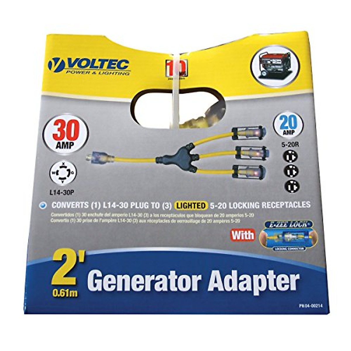 Voltec 04-00214 2ft 10/4 & 10/3 L14-30P Generator"W" Adapter w/E-Zee Lock & (3X) 5-20R Lighted Receptacles