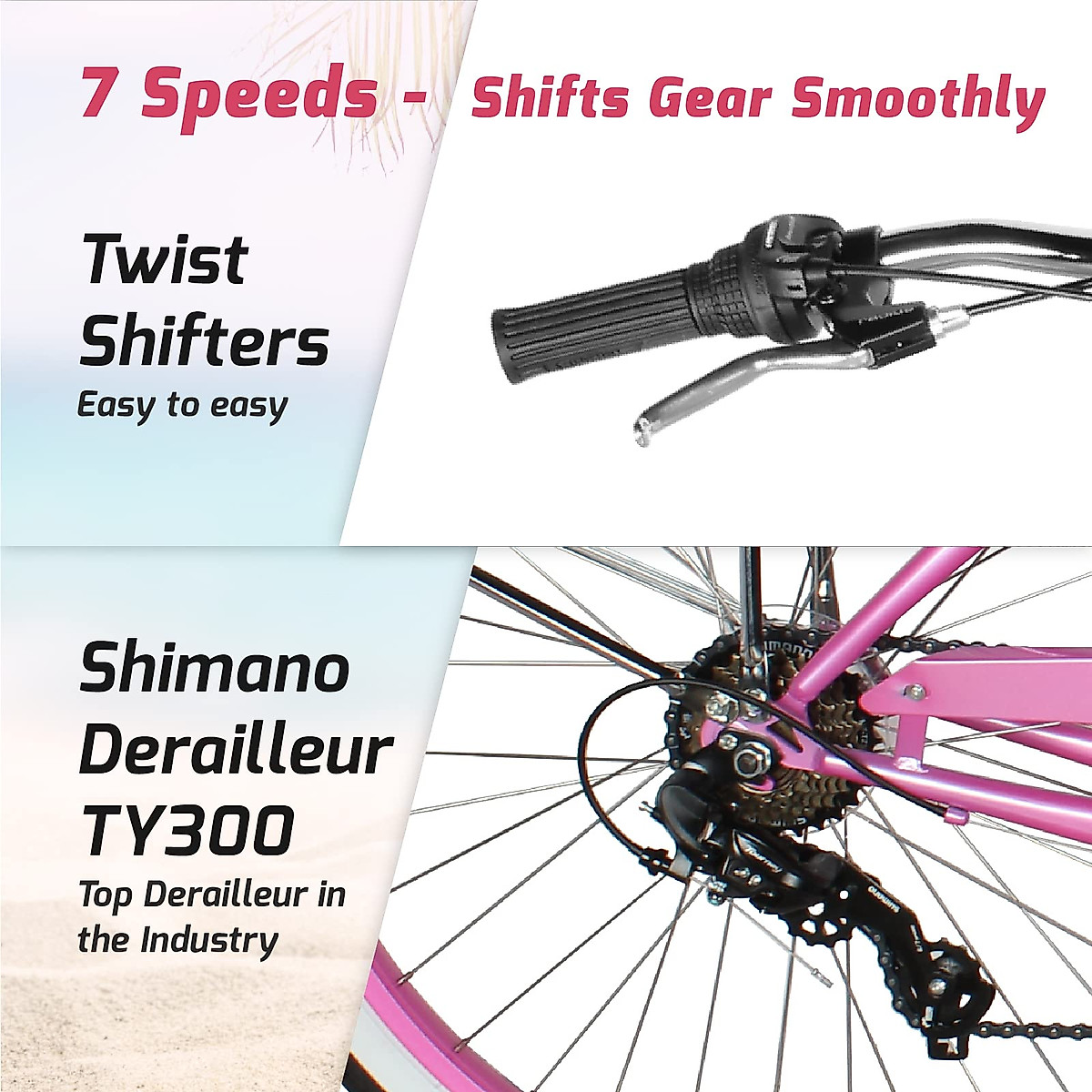 Tracer TAHA Beach Cruiser Bike for Women,26 Inch Wheels,Hi Ten Steel Frame,Shimano 7 Speed,Disc Brake,Hybrid Bike for Adults,Complete Cruiser Bikes,Pink