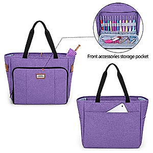 CURMIO Knitting Tote Bag, Yarn Storage Bag with Pockets for Crochet Hooks, Knitting Needles, Knitting Project and Accessories, Purple (Bag Only, Patented Design)