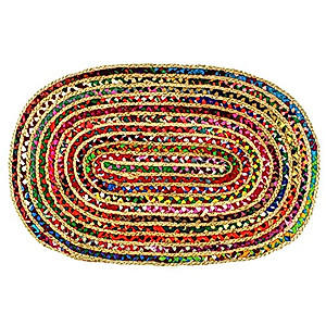 COTTON CRAFT Jute Chindi Braid Rag Rug - Boho Farmhouse Rustic Area Accent Throw Rug - Handwoven Reversible Natural Recycled Cotton- Living Room Den Study Home Décor Gift - 2' x 3' Oval - Multi Color