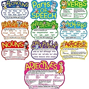 10 Pieces Parts of Speech Poster Grammar Poster Educational Grammar Cutouts Bulletin Board Set for Student Classroom School, 16.5 x 11.5 Inches