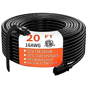 HUANCHAIN Indoor Outdoor Black Extension Cord 20 ft Waterproof, 16/3 Gauge Flexible Cold-Resistant Appliance Extension Cord Outside, 13A 1625W 16AWG SJTW, 3 Prong Heavy Duty Electric Cable, ETL