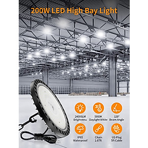 LED High Bay Light, 200W UFO LED High Bay Lights, 24000LM 5000K LED Shop Lights with US Plug 5' Cable Bay Lights, IP65 Warehouse Light, Area Light Bay Lighting for Shop Garage Warehouse Workshop(2)