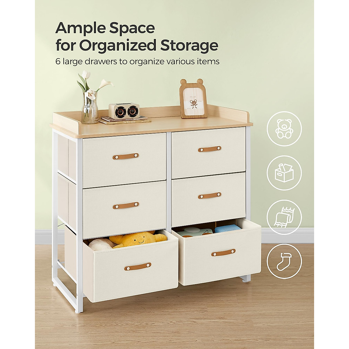 SONGMICS Dresser for Bedroom with 6 Drawers, Chest of Drawers, with Water-Resistant Changing Table, Storage Organizer Cabinet, for Kids Room Nursery Living Room Hallway, Beige UGKR101K01