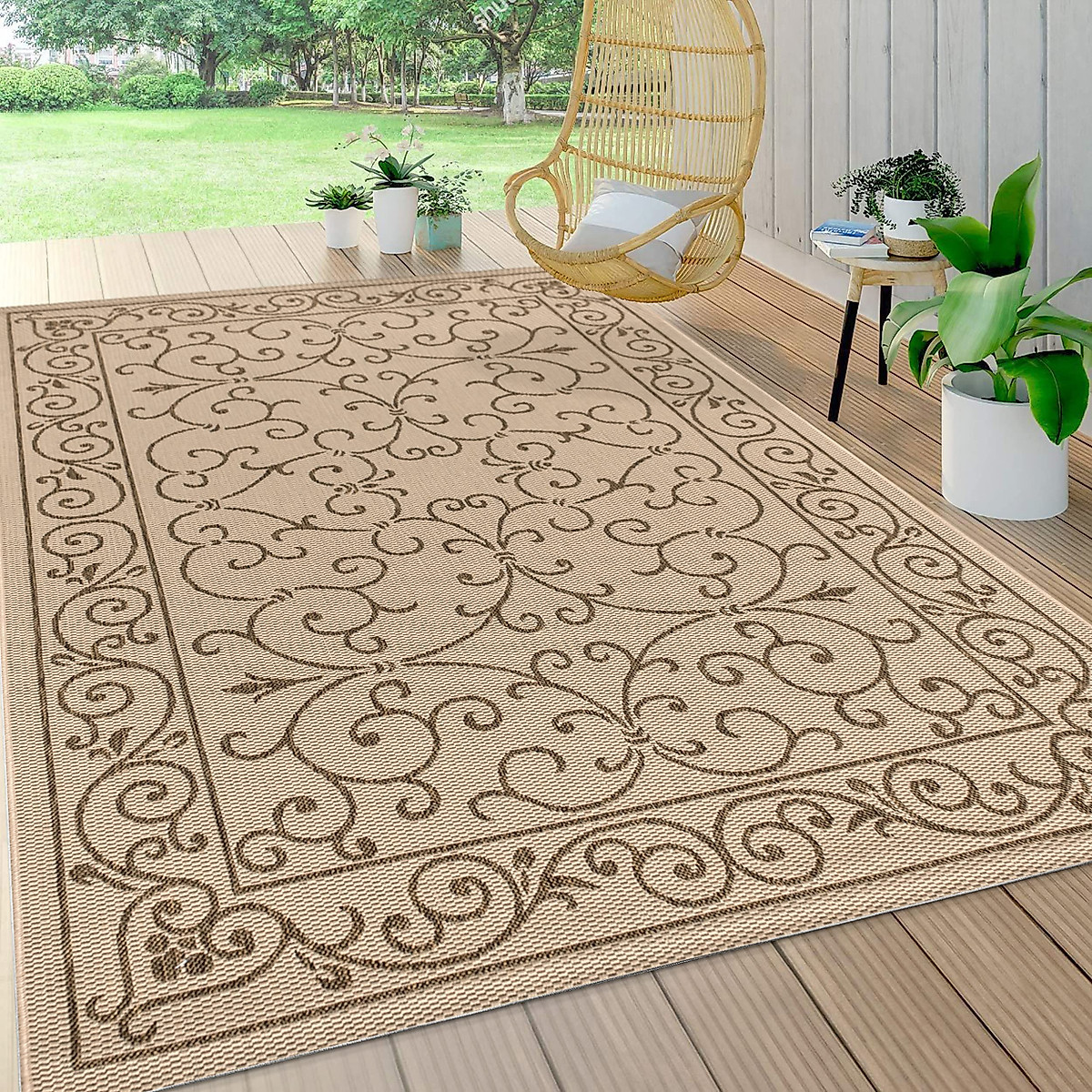 JONATHAN Y SMB106A-8 Charleston Vintage Filigree Textured Weave Indoor Outdoor Area Rug Classic Coastal Easy Cleaning Bedroom Kitchen Backyard Patio Non Shedding, 8 X 10, Beige/Brown