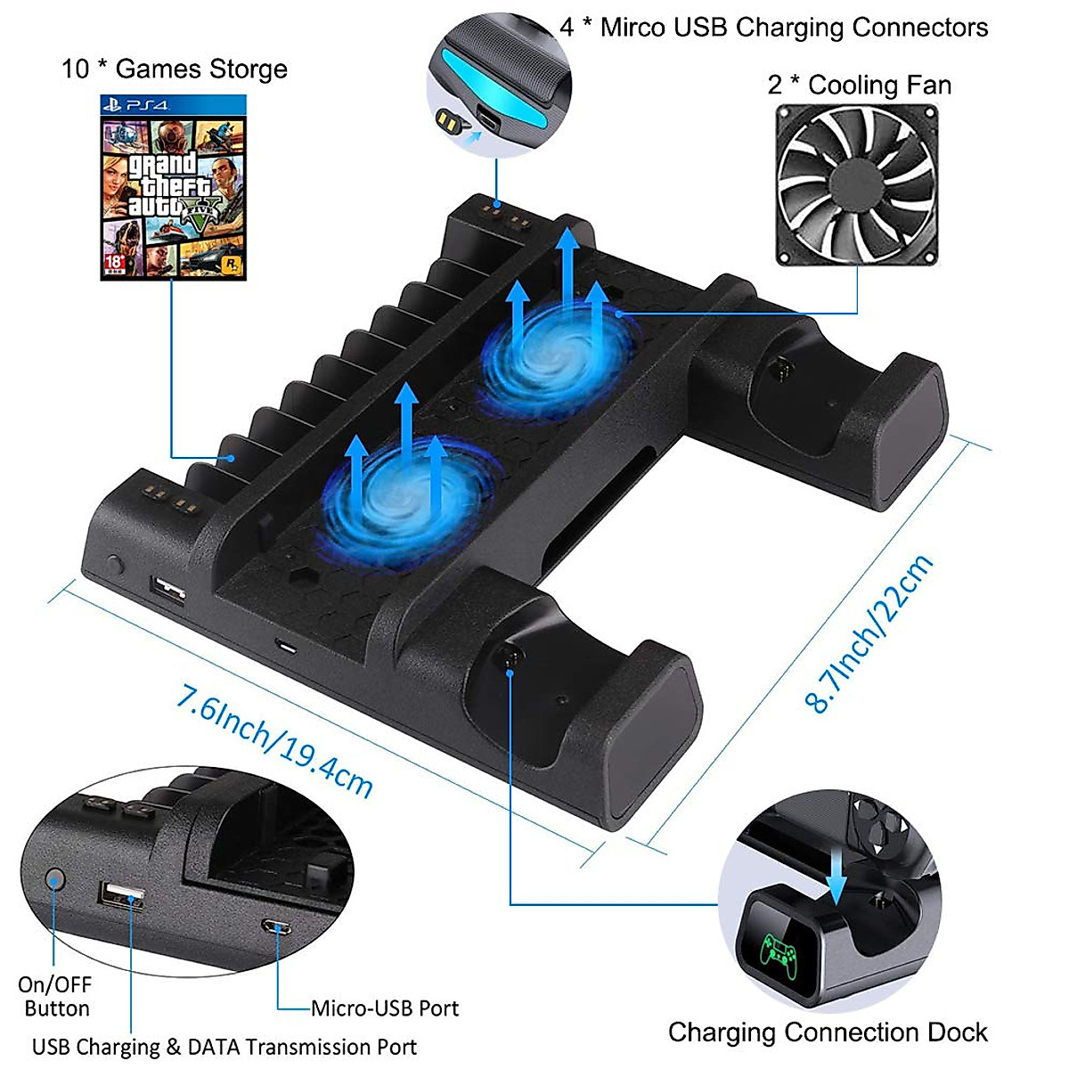 Megadream Cooling Fan Stand for PS4, Dual Controller Charge Station for PS4 Slim/PS4 Pro/Playstation 4, Multifunctional Vertical Cooling Stand with LED Indicator, 10PCS Games Storage, 4 Usb Connectors