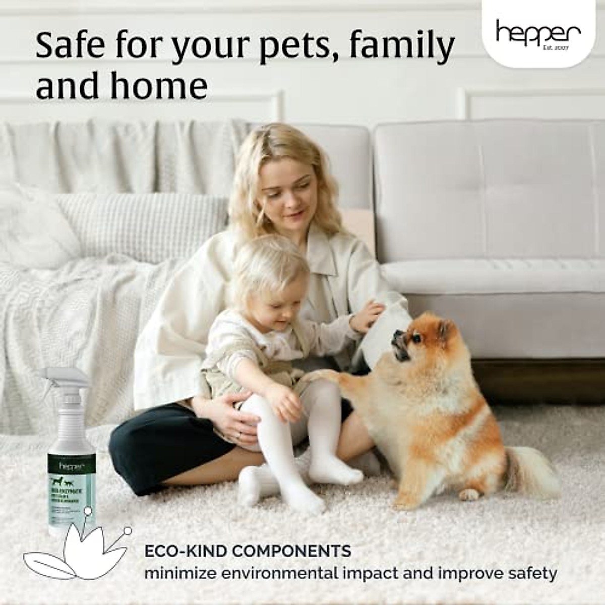 Hepper Advanced Bio-Enzyme Pet Stain & Odor Eliminator Spray - Smell, Stain & Urine Remover for Cats, Dogs & Other Animals - 32oz Spray Safe for the Home - For Use on Couches, Carpets, Litter Boxes, Beds, etc.