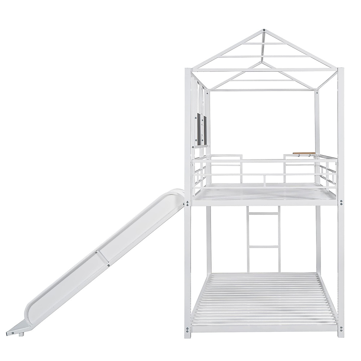 Bellemave Twin Over Twin Metal Bunk Bed with Slide, House Bunk Bed with Roof and Guardrails for Kids, Teens, Girls, Boys (White)
