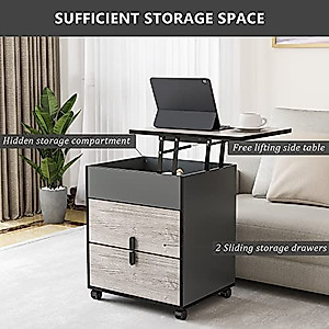 HNEBC Nightstand with Charging Station, Lift Top Table with 2 Outlets and 2 USB Ports, Bedside Table with 2 Drawers, End Table Night Stand with Hidden Storage, Side Table for Bedroom/Closet/Dorm,Wood