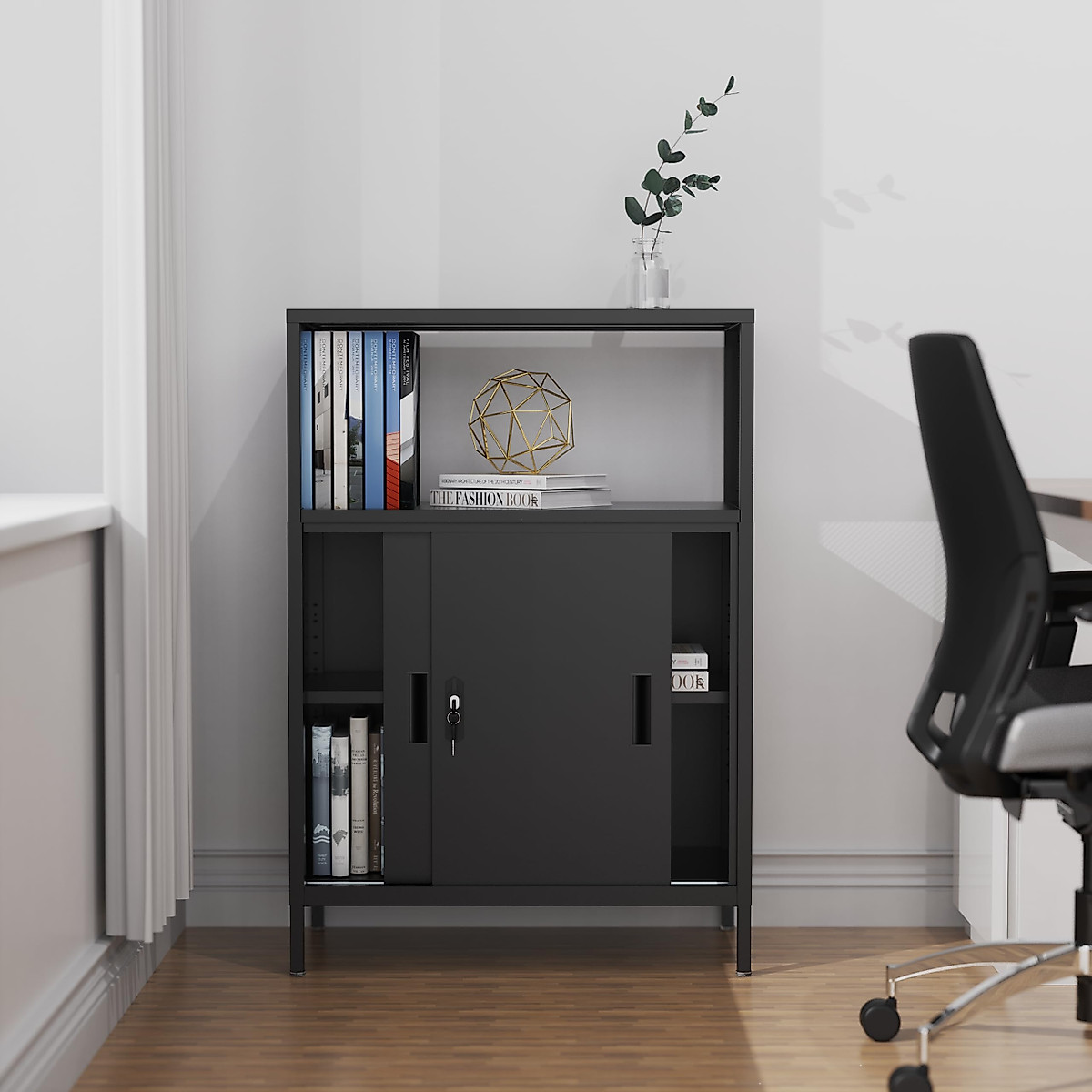 Warmiehomy Metal Lateral File Cabinet with Sliding Locking Doors and Adjustable Shelf Black Filing Storage Cabinet for Home Office