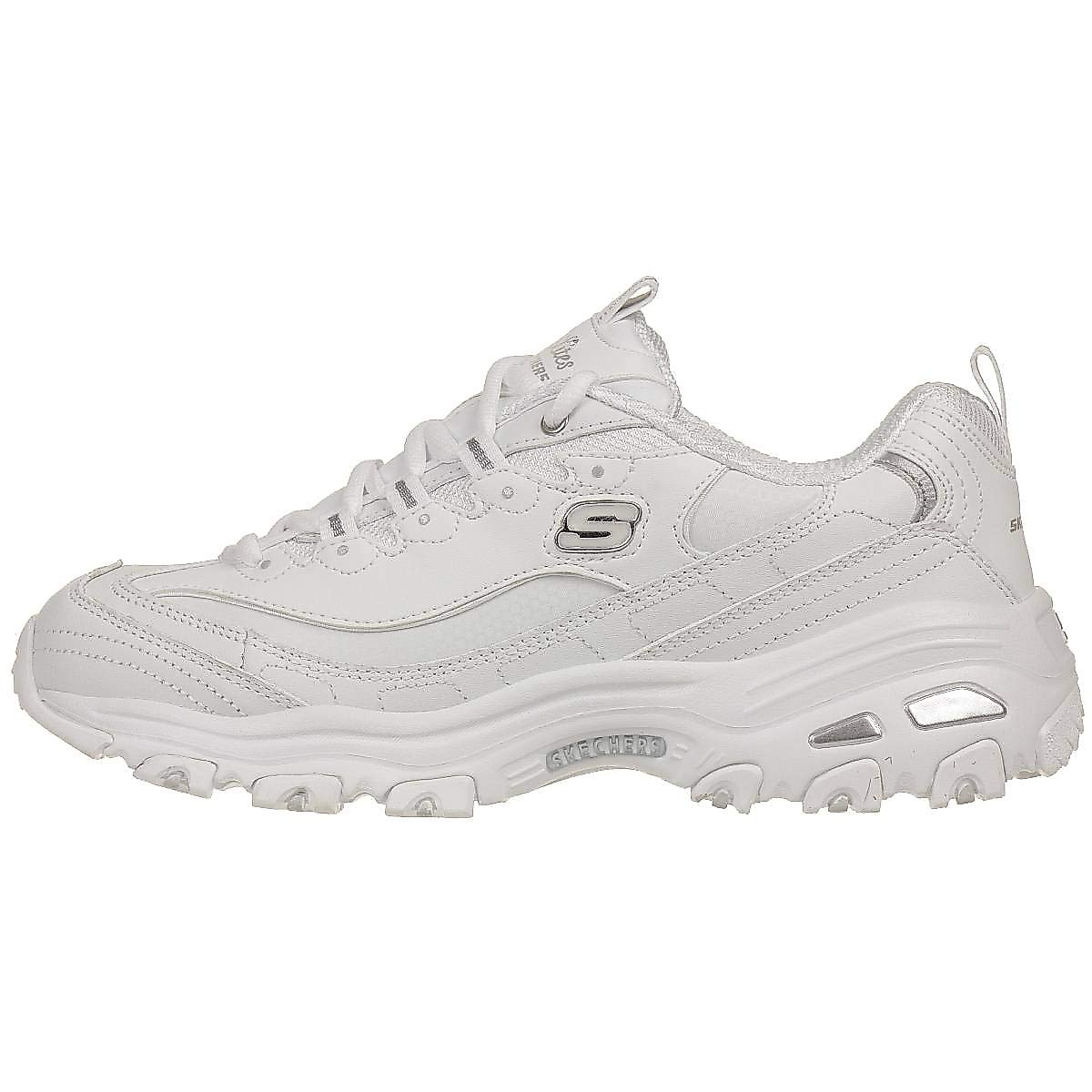 Skechers Women's D'Lites Memory Foam Lace-up Sneaker,White Silver,7.5 M US