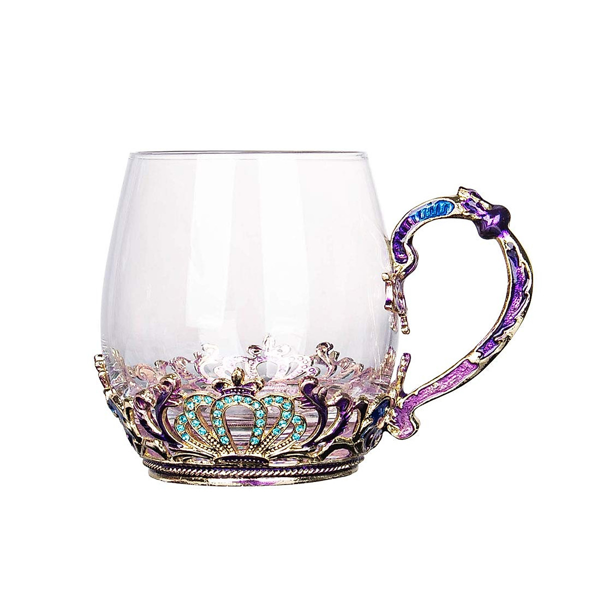 SWTHONY Glass Tea Cup Mug Set with Spoon European Style Carved Flower Glass Coffee Cups Mugs Enamel Rhinestone Glass Drinking Cups Mugs Birthday Gift For Women Wife Mom