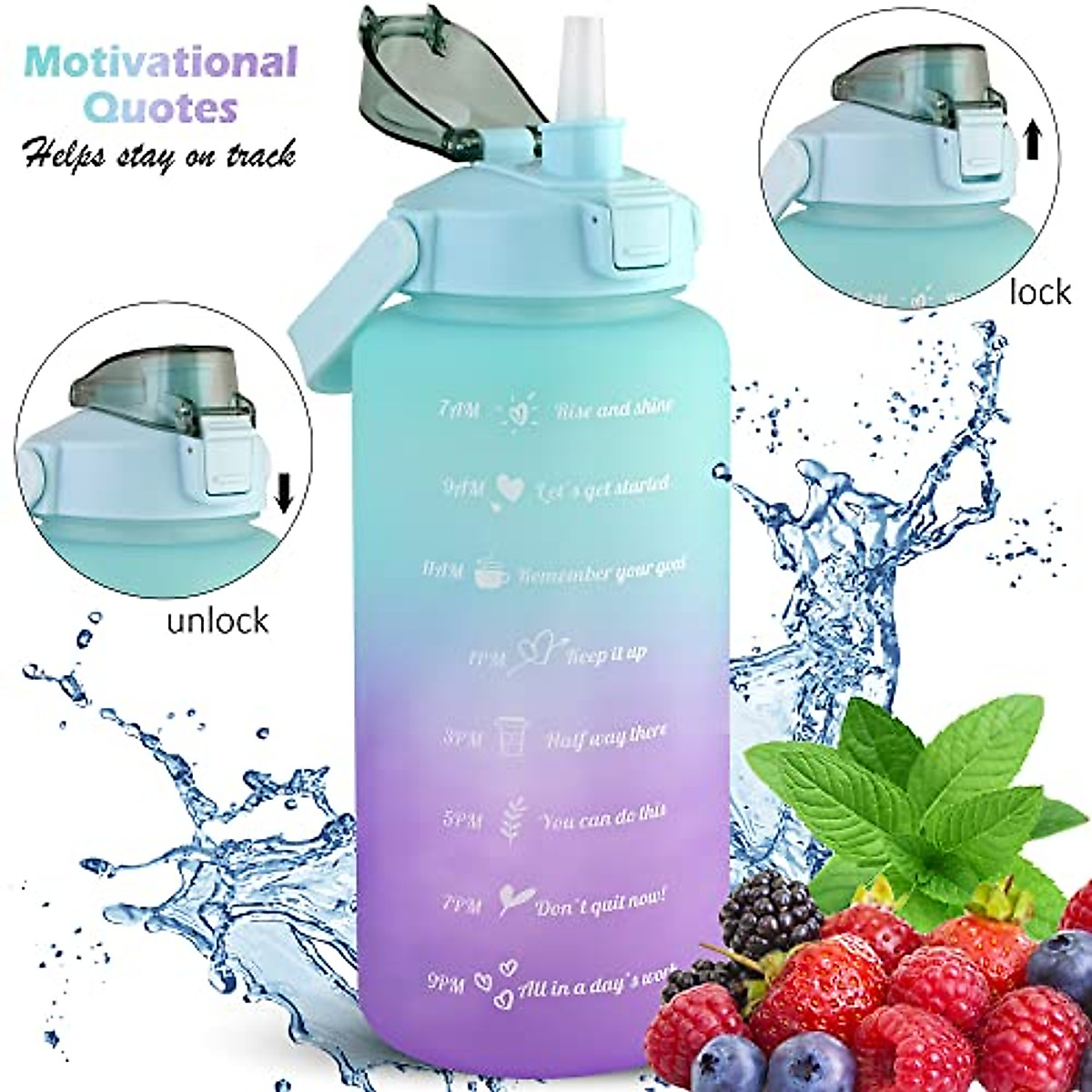 Mint Berry Half Gallon Water Bottle with Time Marker - 64 oz Water Bottle with Straw - Big Water Bottle - Large Water Bottle (Blue Purple Gradient)