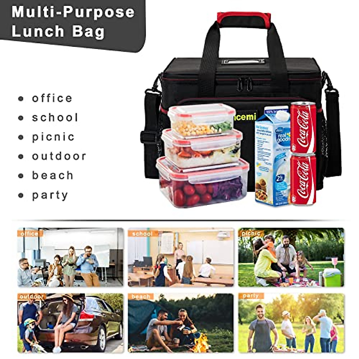 iceMi Large Insulated Lunch Bag, Black, Unisex, 17L