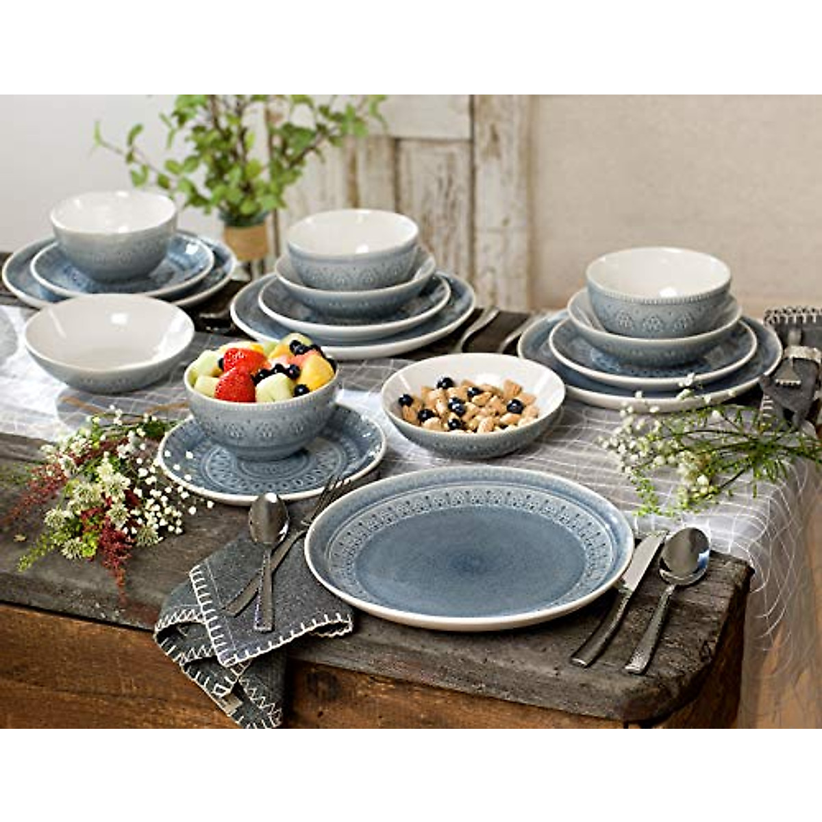 Euro Ceramica Fez 16 Piece Double Bowl Stoneware Reactive Crackleglaze Dinnerware Set, Service for 4, Teardrop Medallion Design, Grey