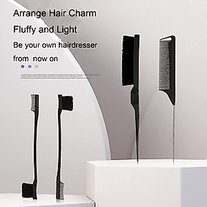 3PCS Hair Brush Set, Fluffy Hair Brush, Rat Tail Comb, Double Sided Edge Bristle Brush Grooming Combs, Bristle Teasing Brush Combs for Men Women Kids Hair Stylying (Black)