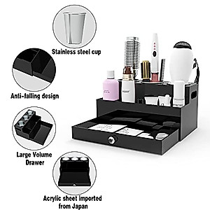 Hair Tool Organizer, ILYXY Acrylic Hair Dryer Holder with Large Space Drawer, Hair Organizer Storage with 3 Stainless Steel Cups, Shiny Black Hot Tools Organizer Vanity Caddy Storage