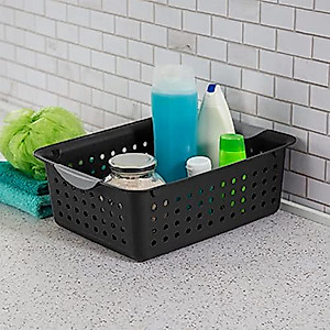 Sterilite Medium Ultra Indoor Home Plastic Storage Organizer Basket Container with Contoured Handles for Cabinets, Shelves, Black (12 Pack)