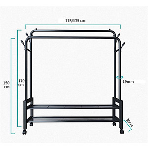 Double Garment Rail with Top Rod and 2-Tier Shelves Heavy Duty Stainless Steel Clothes Rack with Castors for Everyday Home Dormitory Hotel Adds Instant Closet Space (Color : Black, Size : 135CM)