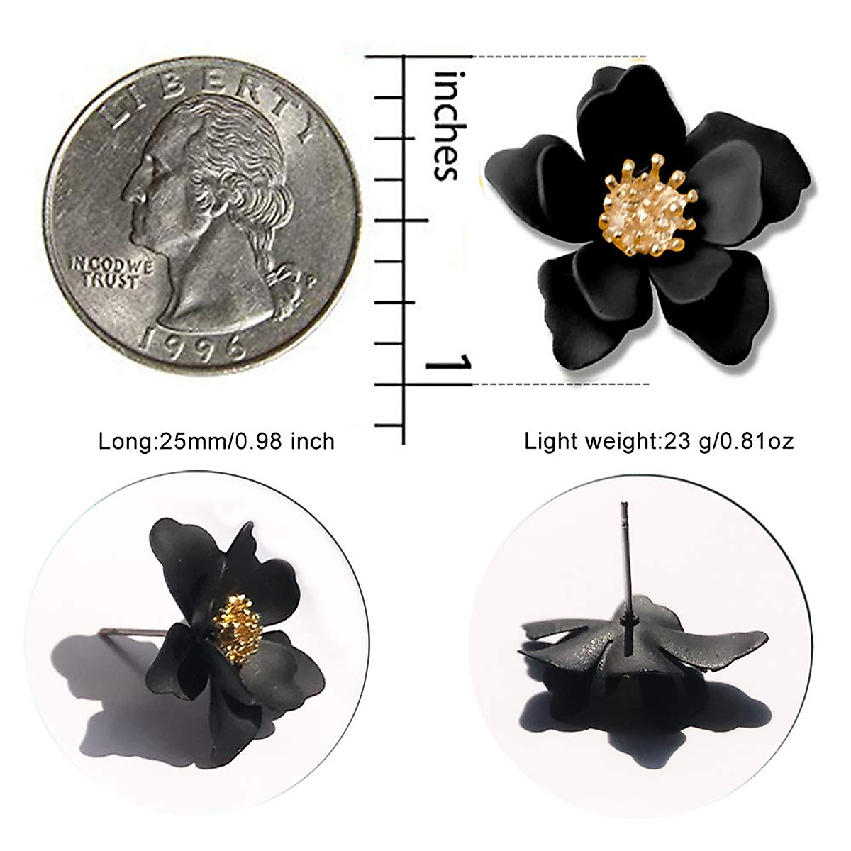 Chic Cute Boho Matte Flower Statement Stud Earrings with Gold Flower Bud for Women Sister Mom Lover and Friends (Black)