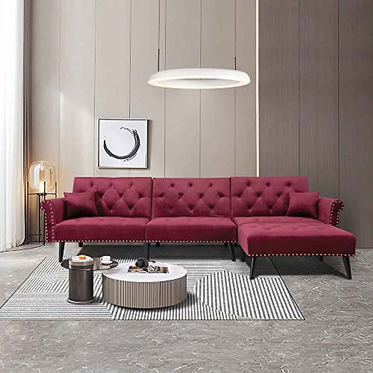 ATY Sectional Convertible Futon Sofa Bed, L-Shaped Couch with 2 Pillows and Reversible Chaise Lounge, Velvet Nailhead Decor Livingroom Furniture, 115", Red
