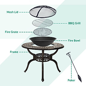VIVIJASON 40.3" Patio Round Fire Pit Dining Table Charcoal/Wood Burning Outdoor Cast Aluminum Furniture Table with Fire Bowl, Cooking BBQ Grill, Wood Grate, Spark Screen and Poker for Backyard Lawn