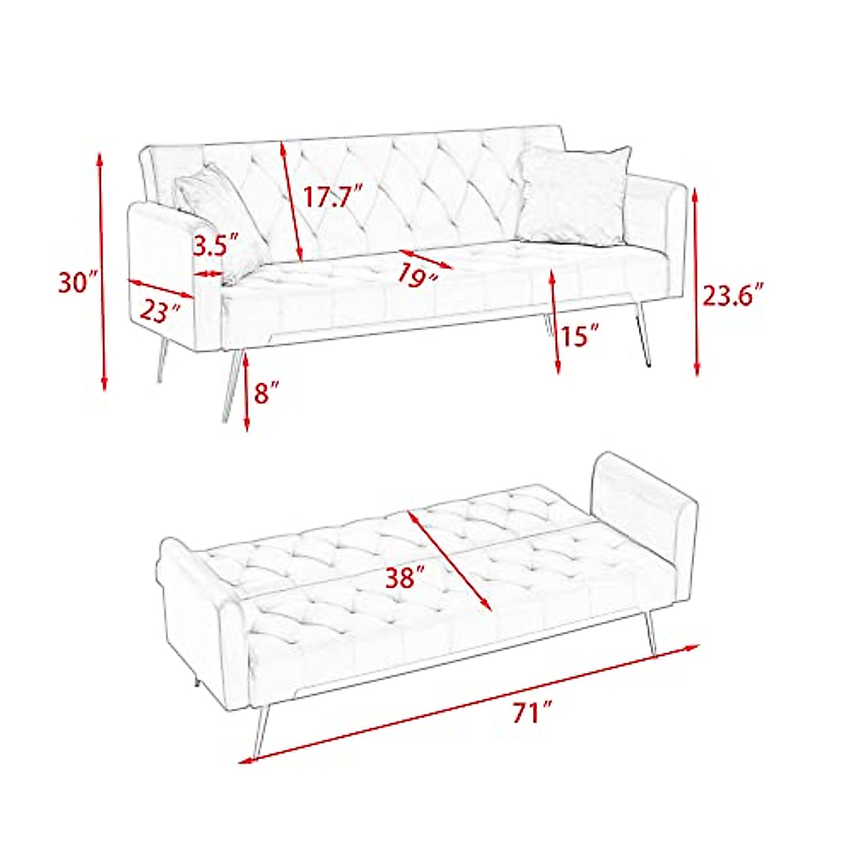 Tufted Upholstered Velvet Modern Futon Loveseat Sleeper Sofa Bed Convertible Couch Daybed,Folding Sofá Beds Recliner,Small Love Seat 2-Seat Couches with Toss Pillows&Metal Legs for Living Room