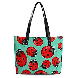 Womens Handbag Ladybug And Ladybird Green Background Leather Tote Bag Top Handle Satchel Bags For Lady