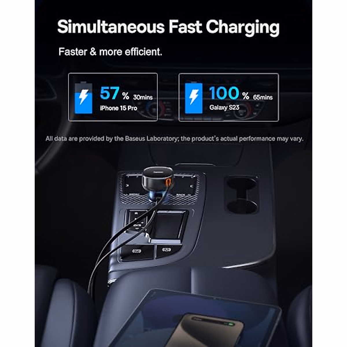 Baseus USB C Car Charger, 60W Retractable Car Charger, Dual Fast Charging, Compatible with iPhone 15/14/13/12 Pro Max, Plus, Samsung Galaxy S23/S22/S21 Ultra, Google Pixel and More