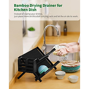 VOPOG Dish Drying Rack, 2 Tier Bamboo Dish Drying Rack with Utensil Holder, Collapsible Dish Rack Foldable Plate Organizer Holder Dish Drainer Set for Kitchen Countertop-Black