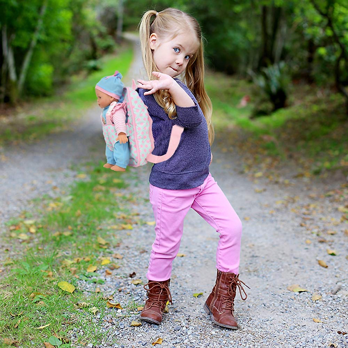 Dolls To Play 13" Soft Baby Doll with Take Along Pink Doll Backpack Carrier, Briefcase Pocket Fits Doll Accessories and Clothing