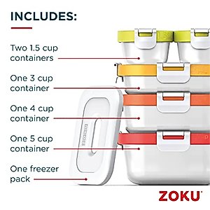 ZOKU - Nested Food Storage Containers with Freezer Pack, Leak Proof with Airtight Lids, for Sandwiches, Lunches, Leftovers and more, Easy to Clean, Reusable, BPA Free (Neat Stack) (11 Piece)